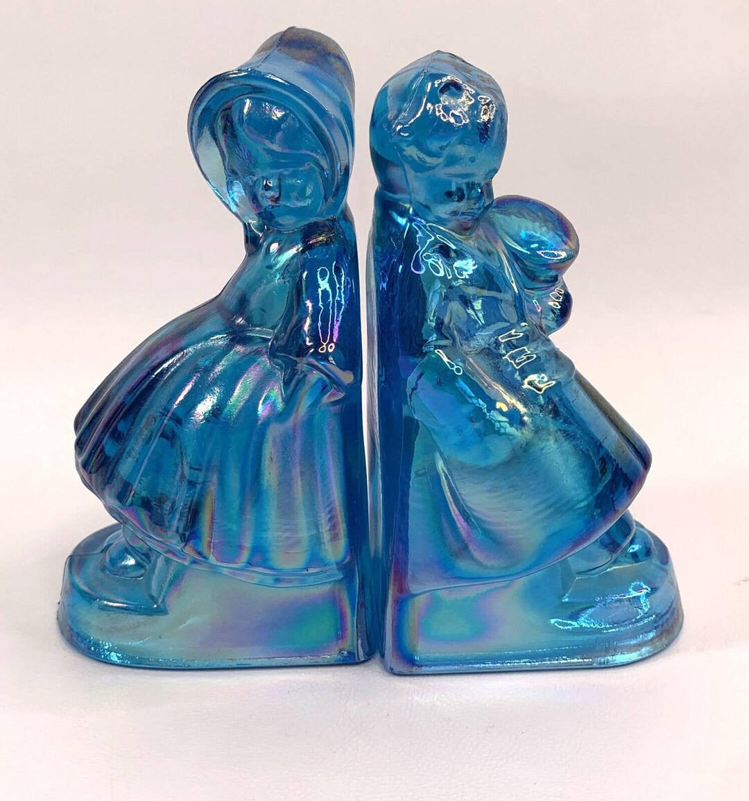 Vintage Wheaton Girl and Girl Bookends Blue Iridescent Carnival Glass ...