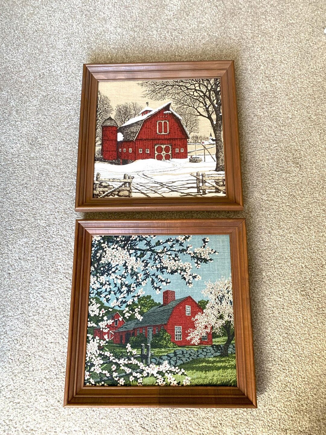 Vintage Kay Dee Linen Hand Prints Farm Red Barns Framed Prints 16 X 16 ...