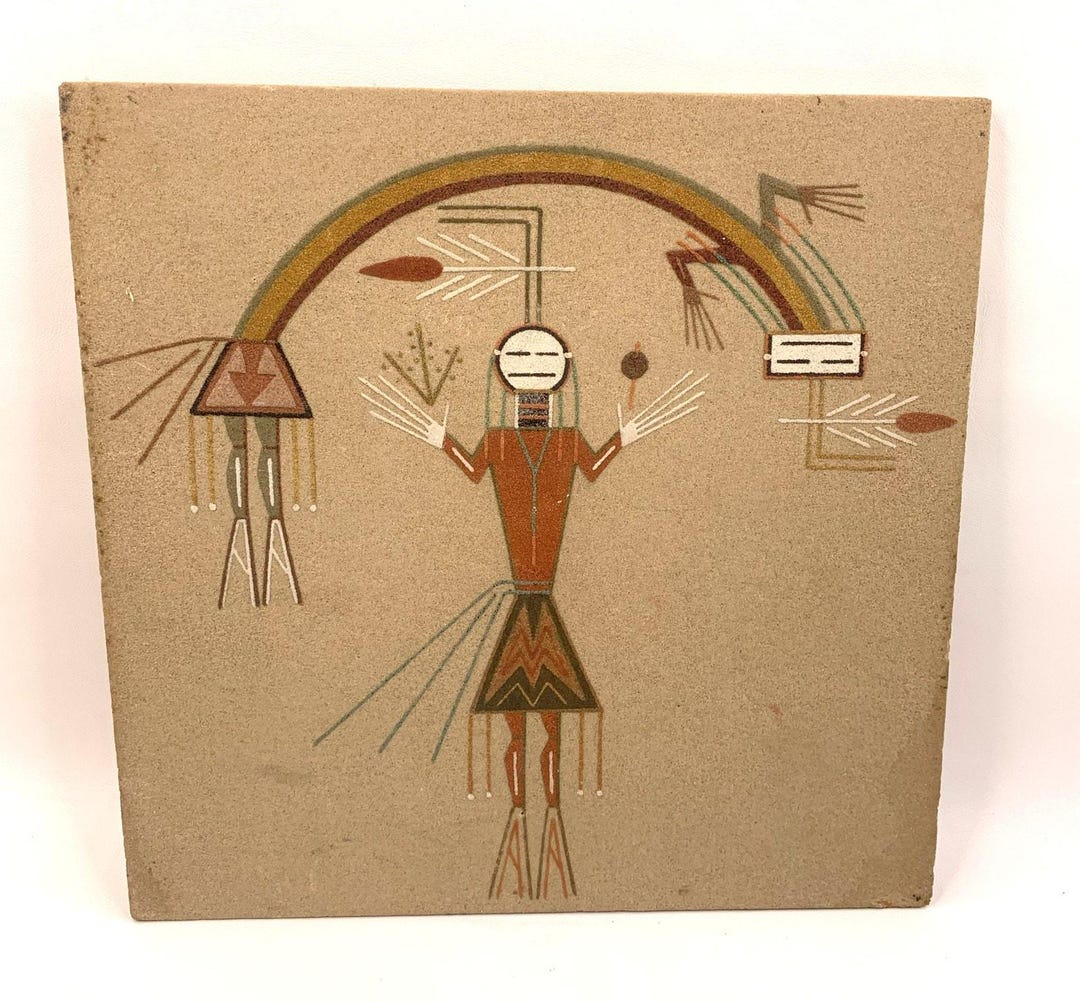 Lehi Benally Navajo Sand Painting 12"x12" Whirlwind Boy & Rainbow Boy ...