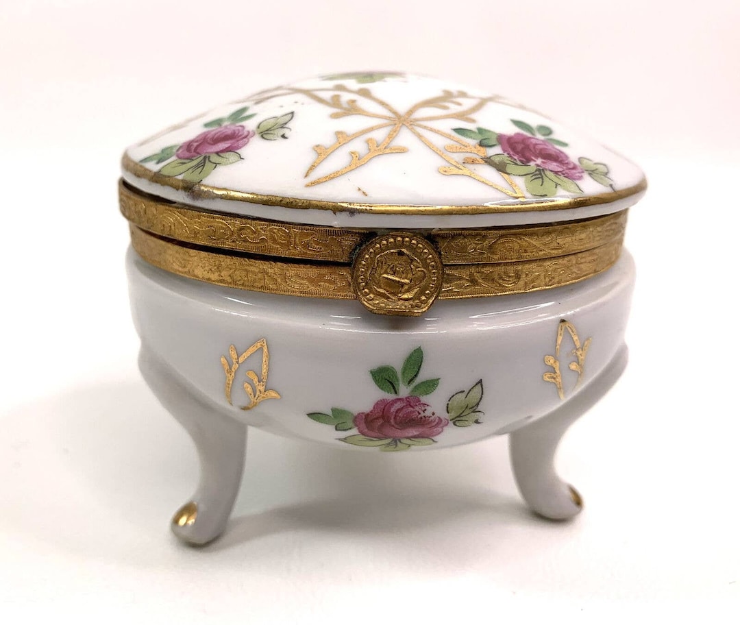Vintage Footed Floral Hinged Trinket Box Hand Painted Porcelain Roses ...