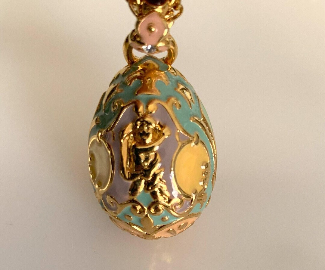 Joan Rivers Faberge Enamel Egg Necklace Pastel Colored Cherub Pendant ...