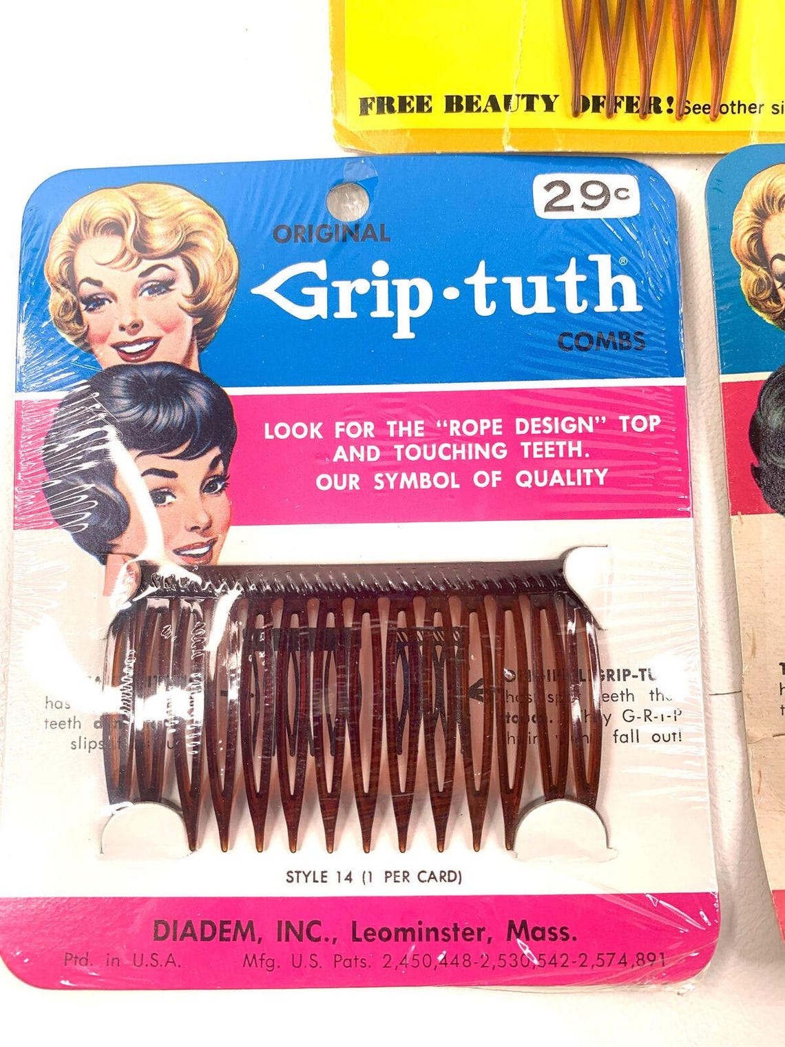 Vintage Grip Tuth Brown Hair Combs Rope Design Sealed in Package Set of ...