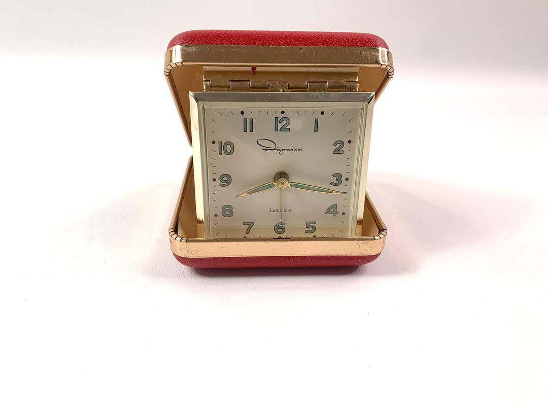 Ingraham Alarm Travel Clock Flip Open Wind up Japan Red Leather Works ...