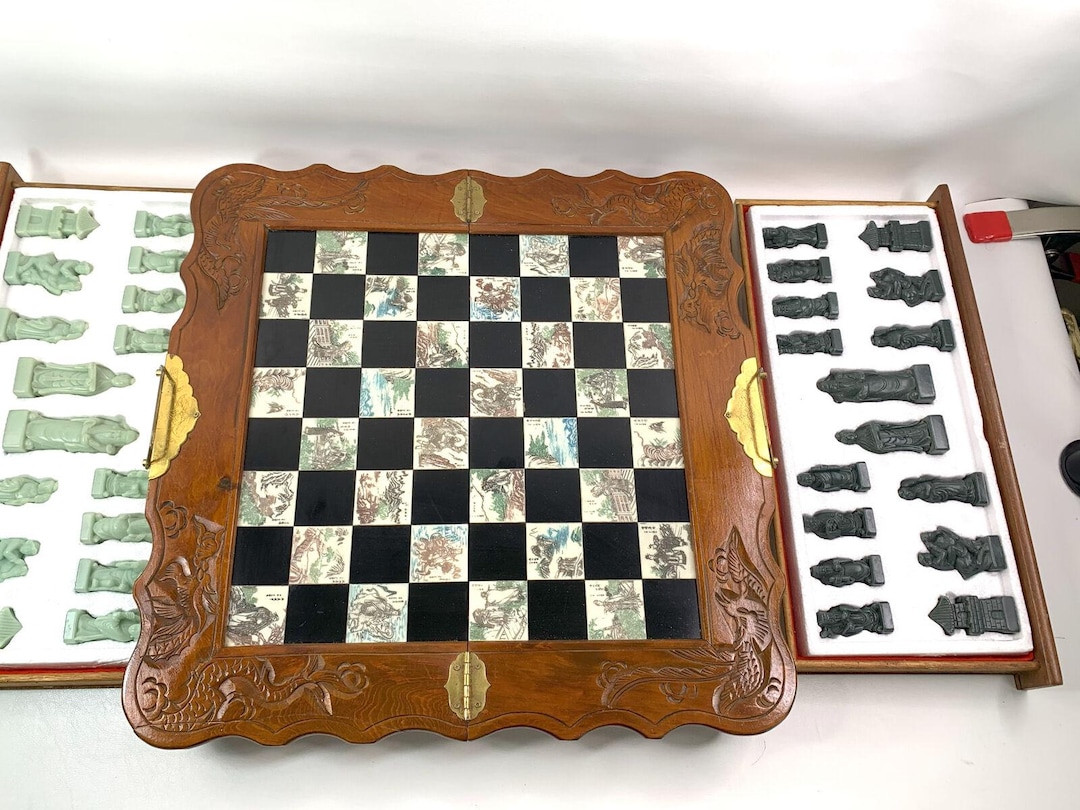 Vintage Chinese Chess Set Carved Soapstone Wood Folding Board Dragons ...