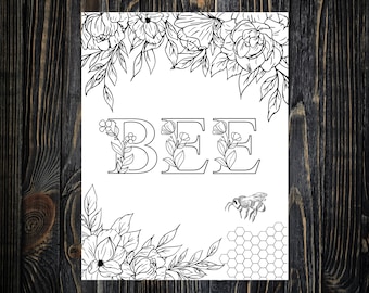 Bee and Flowers Coloring Page Adult Coloring Page Printable Coloring ...