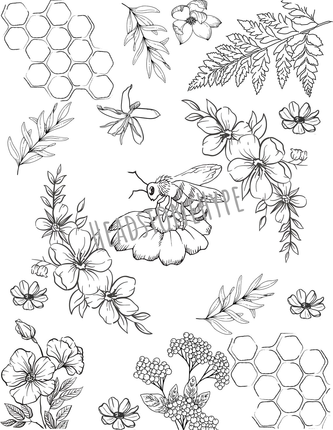 Bee and Flowers Coloring Page -- Adult Coloring Page-- Printable ...