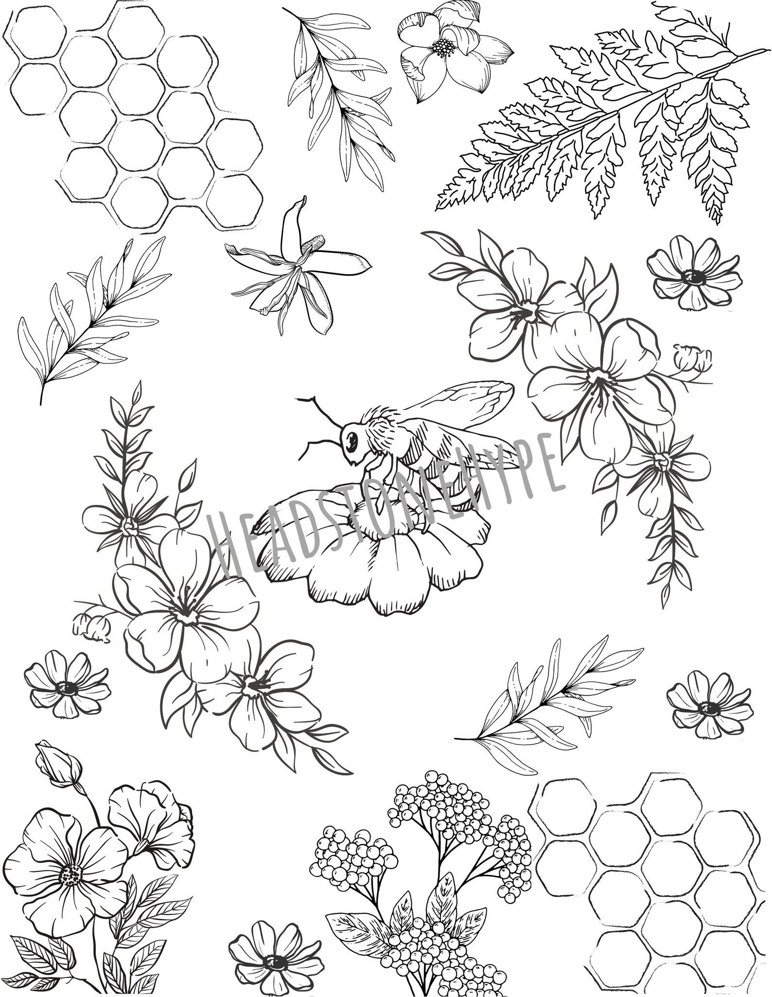 Bee and Flowers Coloring Page -- Adult Coloring Page-- Printable ...