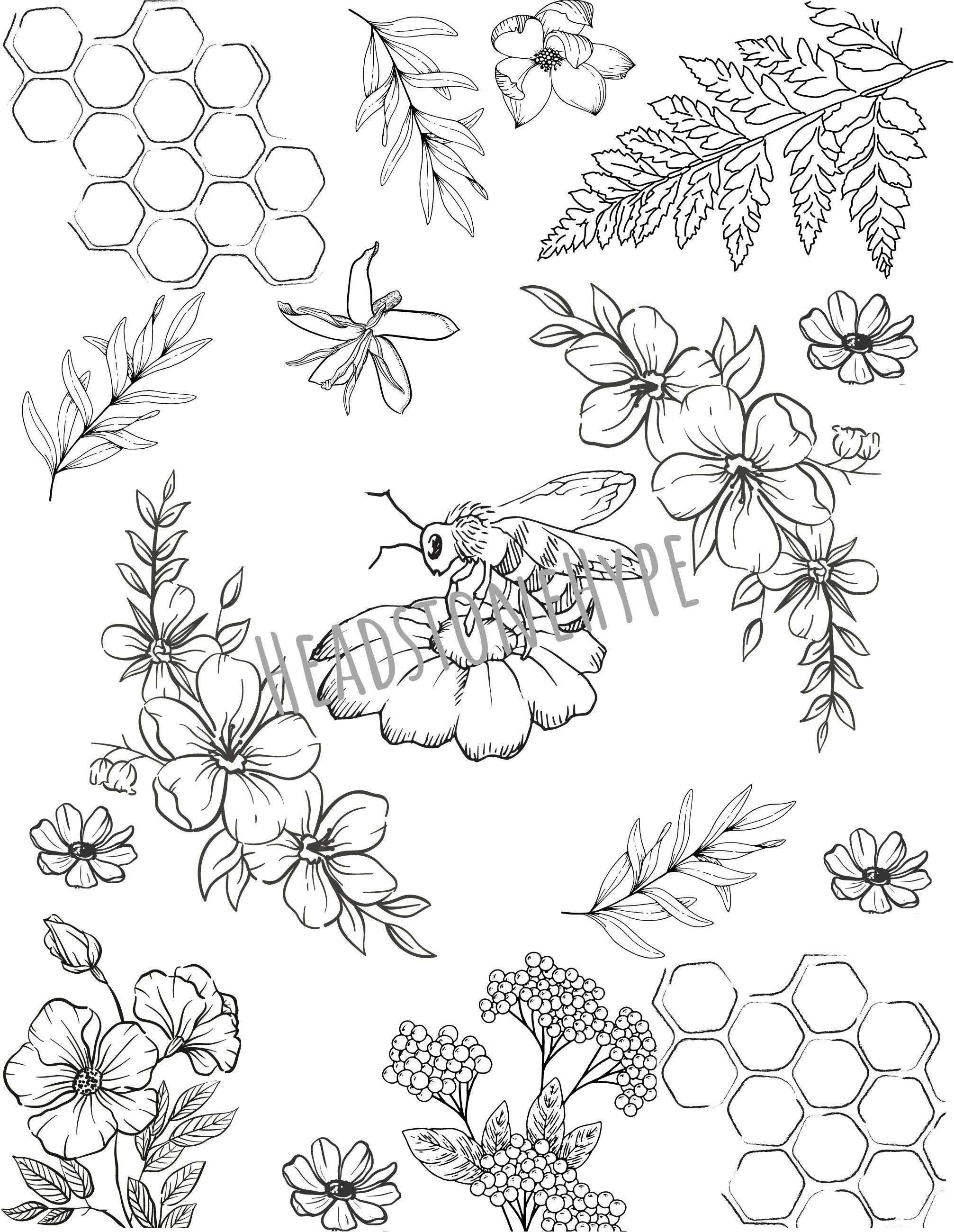 Bee and Flowers Coloring Page -- Adult Coloring Page-- Printable ...
