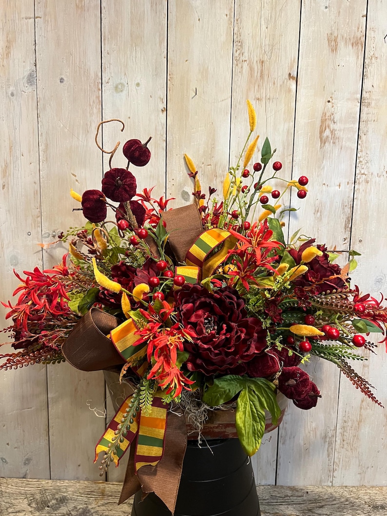 Rustic Fall Centerpiece, Deep Red Floral Arrangement, Pumpkin Decor - Etsy
