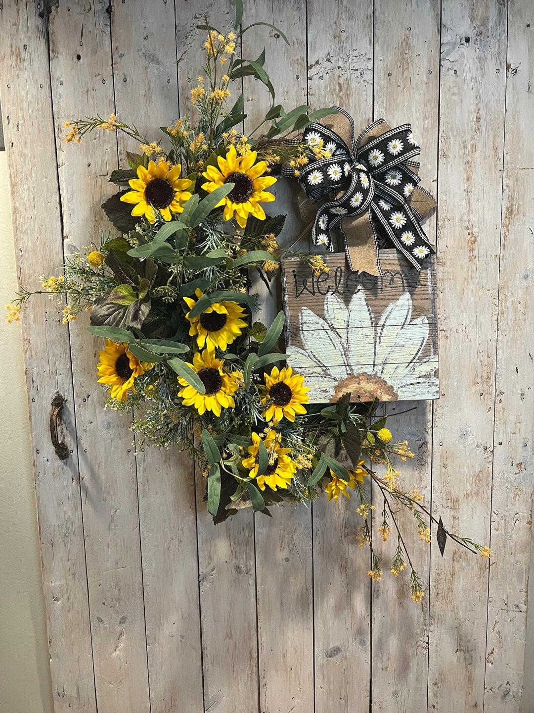 Sunflower Wreath: Spring Summer Door Decor With Wooden Sign - Etsy