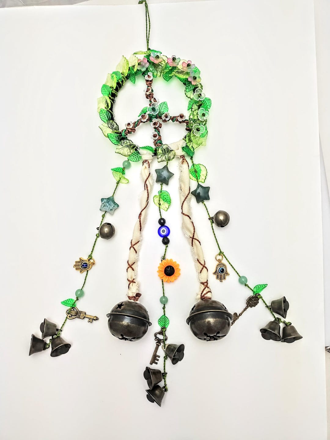 Hippie Nature Peace Sign Witch Bells With Moss Agate, Green Aventurine ...