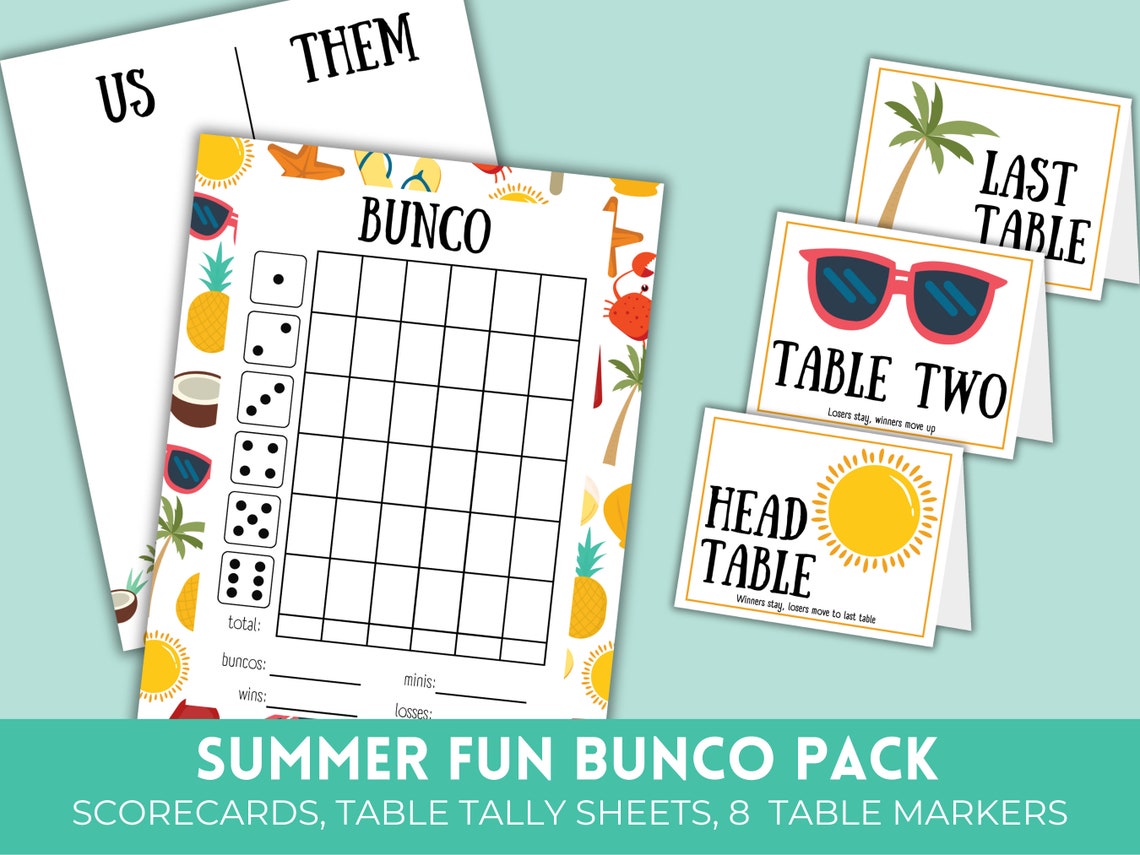 Printable Summer Fun Bunco Score Sheets Beach Bunco Cards July Bunco ...