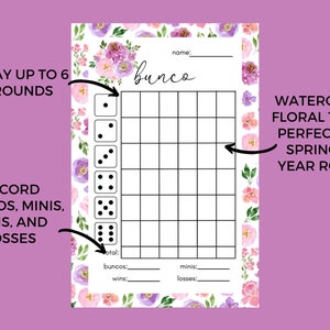 Printable Bunco Score Sheets | Spring Floral Bunco Cards | May Bunco ...