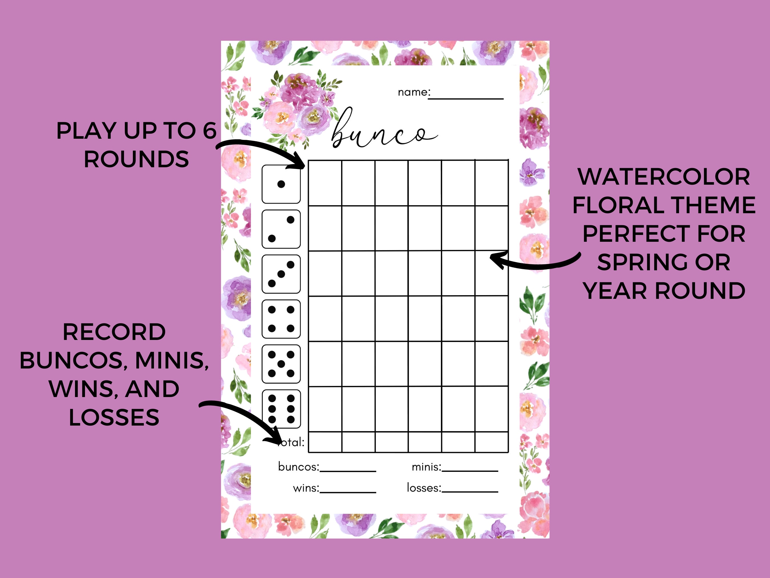 Printable Bunco Score Sheets | Spring Floral Bunco Cards | May Bunco ...