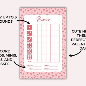 Printable Pink Heart Bunco Score Sheets | Valentine's Day February ...