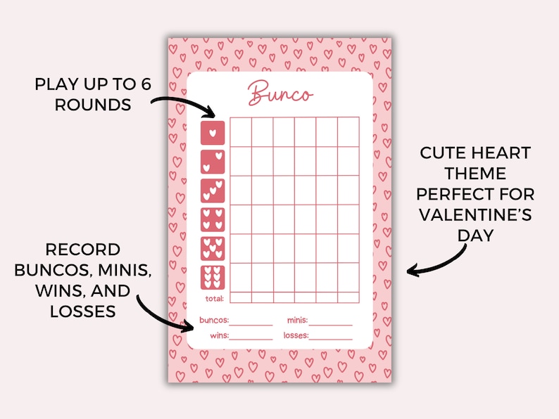 Printable Pink Heart Bunco Score Sheets | Valentine's Day February ...