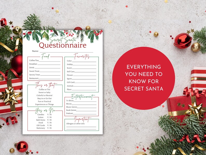 Printable Secret Santa Questionnaire | Christmas Gift Exchange Wish ...