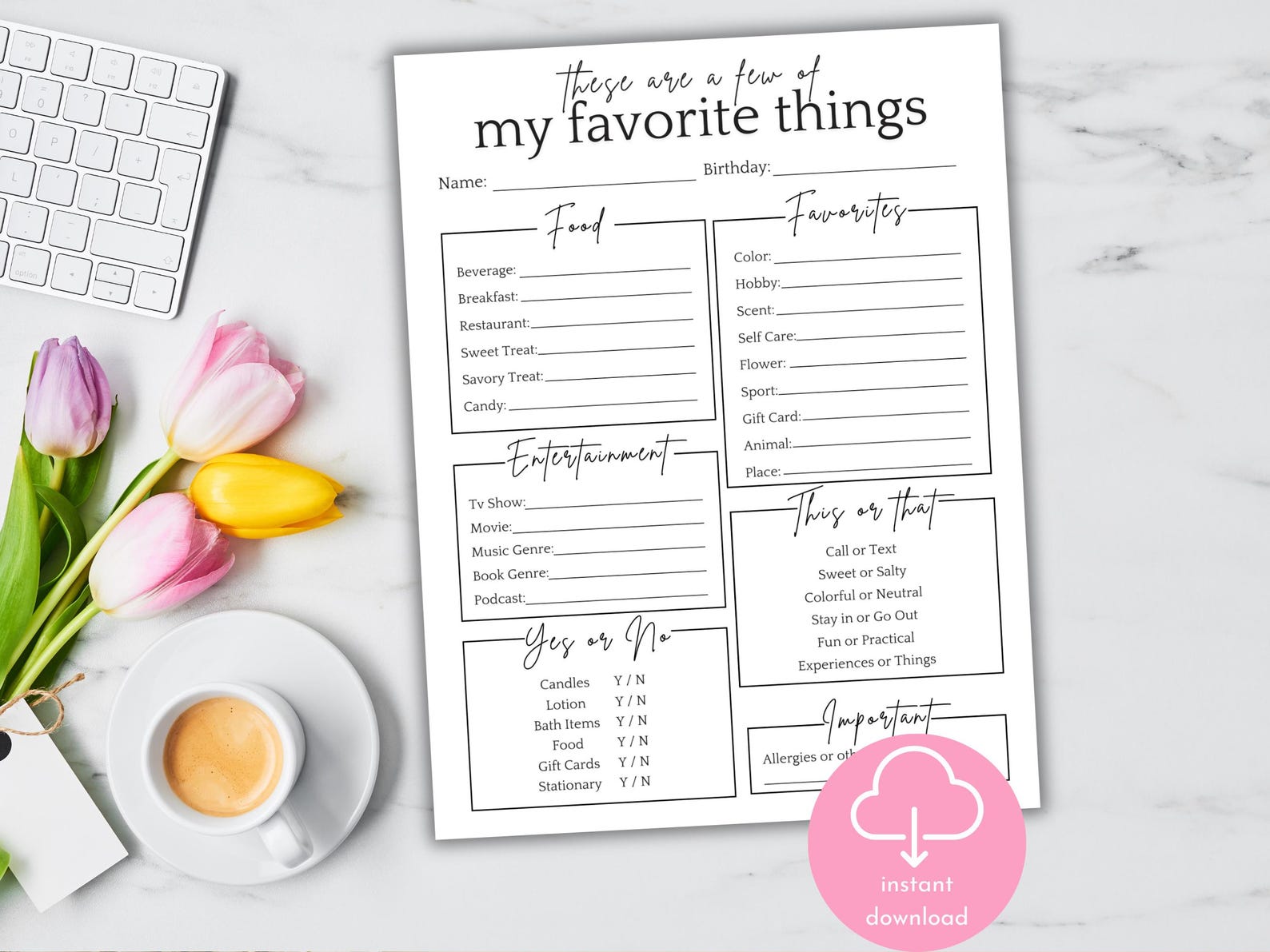 Printable These Are a Few of My Favorite Things Questionnaire | Teacher ...