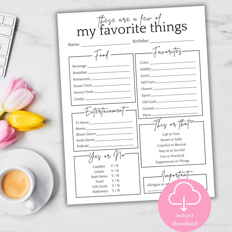 Printable Favorite Things List for Coworkers - Etsy