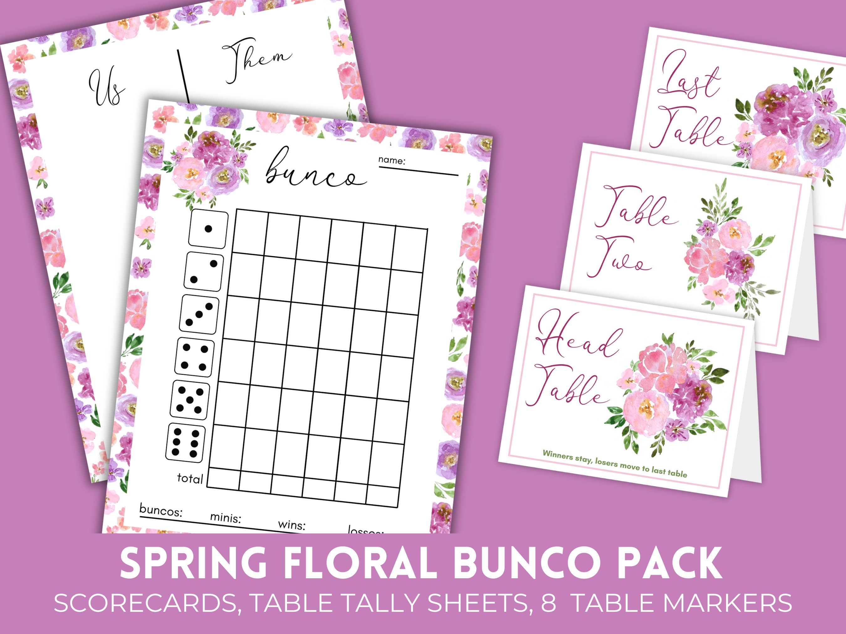 Printable Bunco Score Sheets | Spring Floral Bunco Cards | May Bunco ...