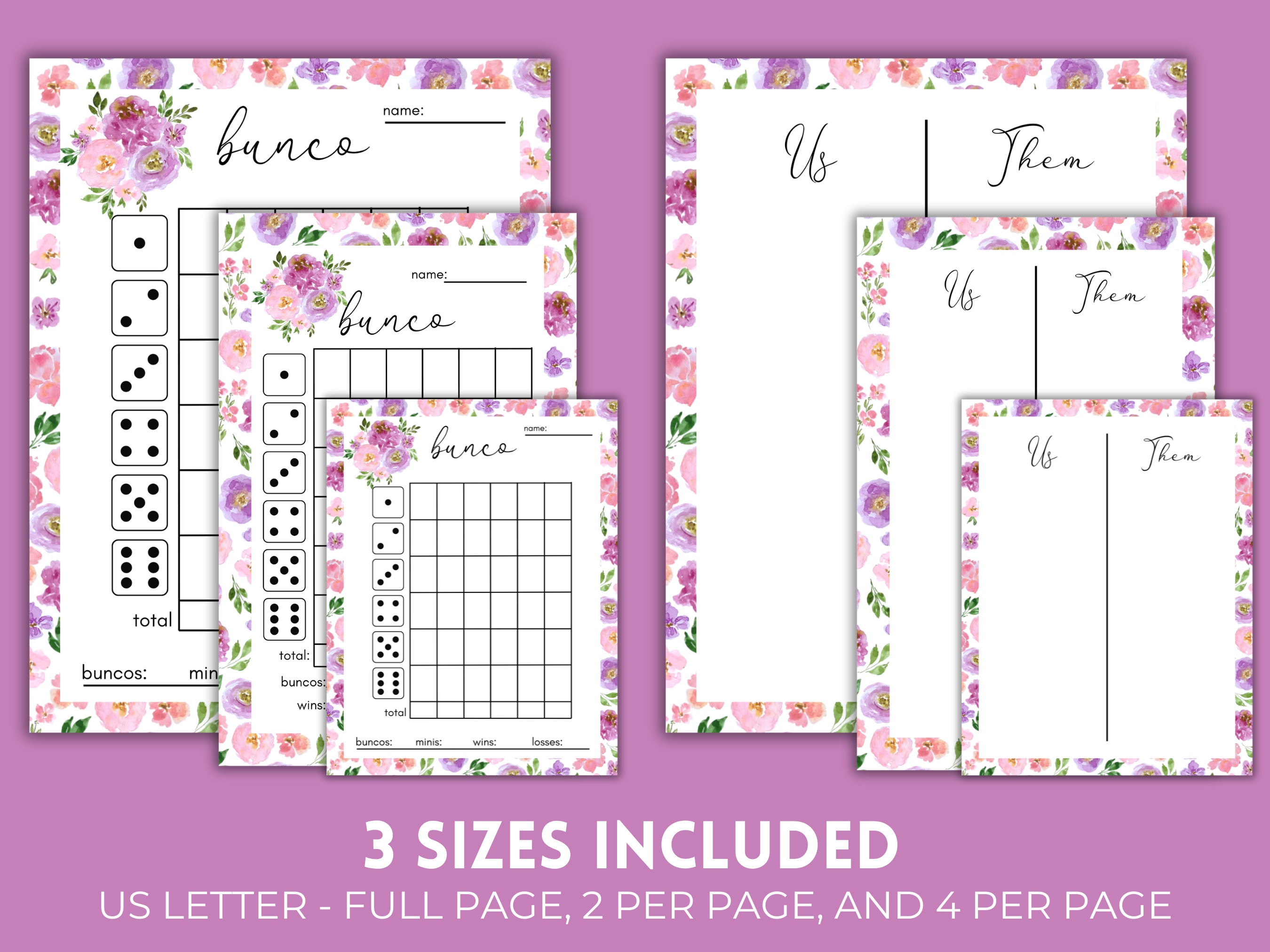 Printable Bunco Score Sheets | Spring Floral Bunco Cards | May Bunco ...