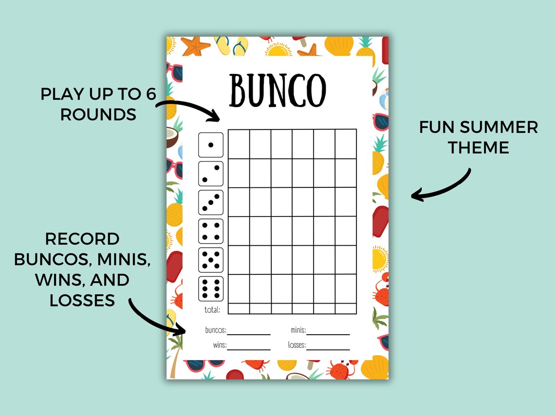 Printable Summer Fun Bunco Score Sheets | Beach Bunco Cards | July ...