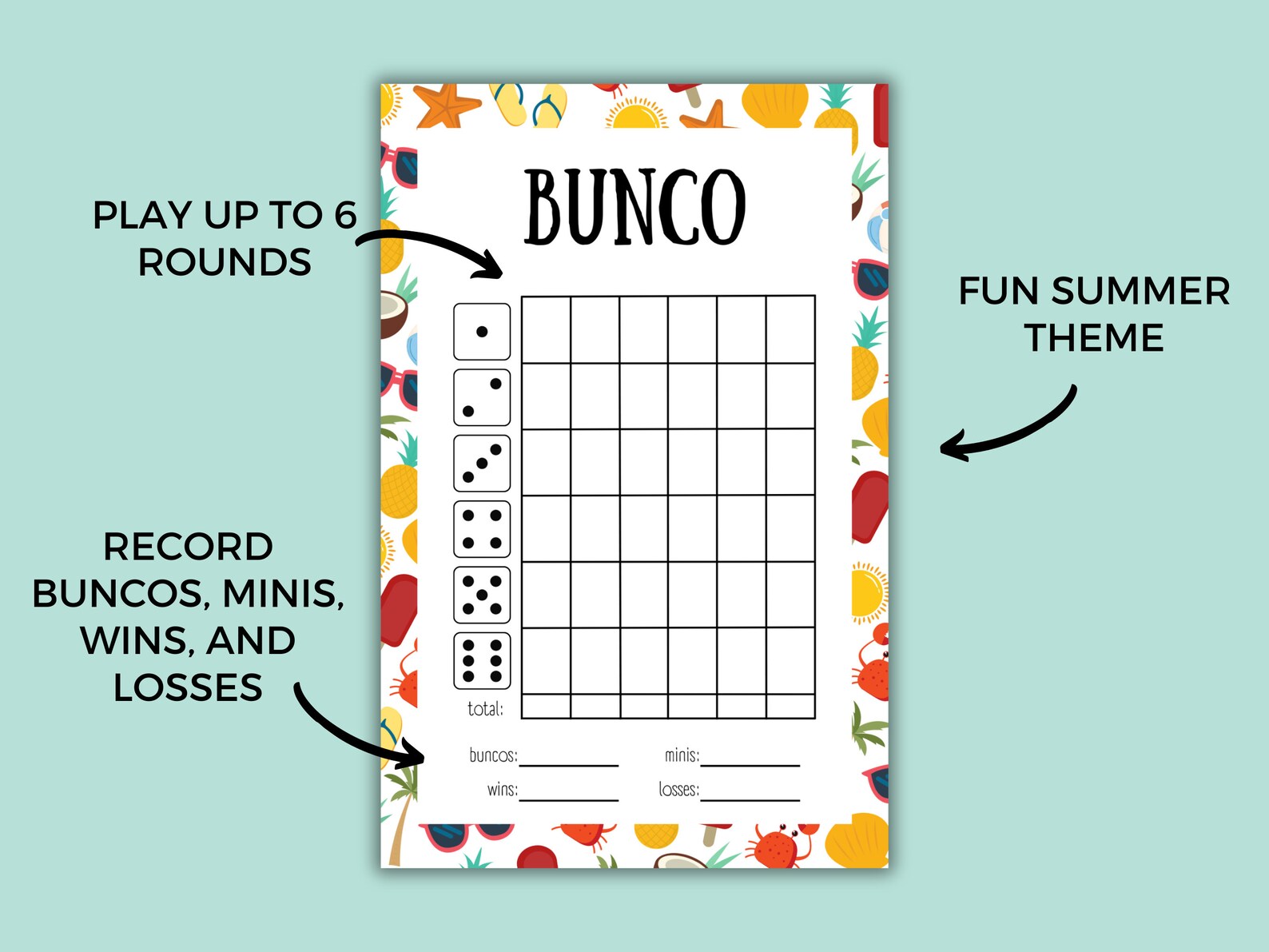 Printable Summer Fun Bunco Score Sheets | Beach Bunco Cards | July ...