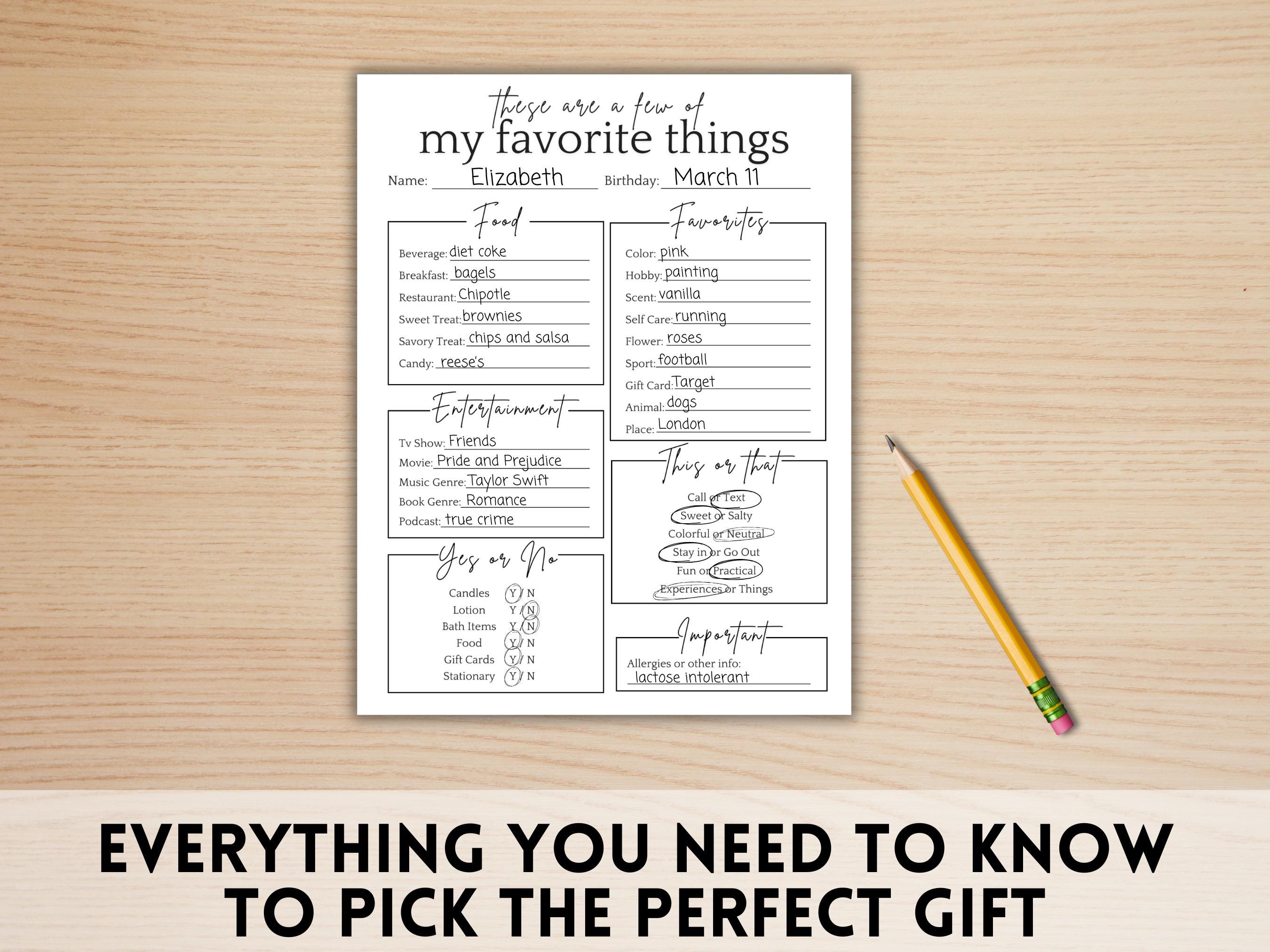 Printable These Are a Few of My Favorite Things Questionnaire | Teacher ...