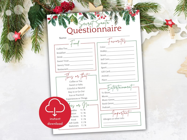 Printable Secret Santa Questionnaire | Christmas Gift Exchange Wish ...