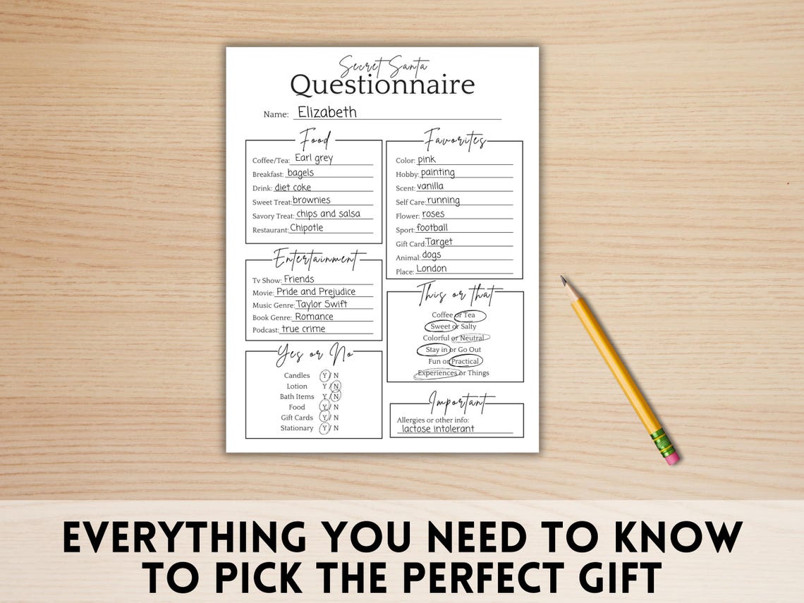 Printable Secret Santa Questionnaire | Christmas Gift Exchange Ideas ...