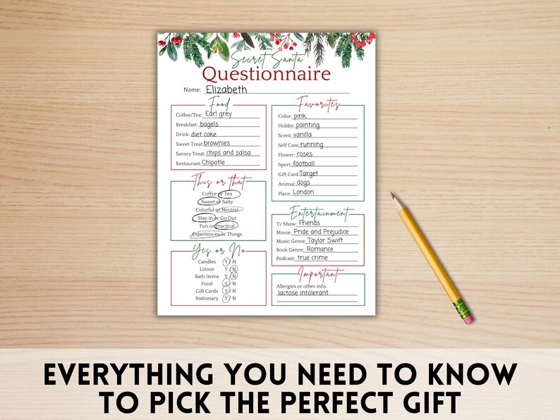 Printable Secret Santa Questionnaire | Christmas Gift Exchange Wish ...