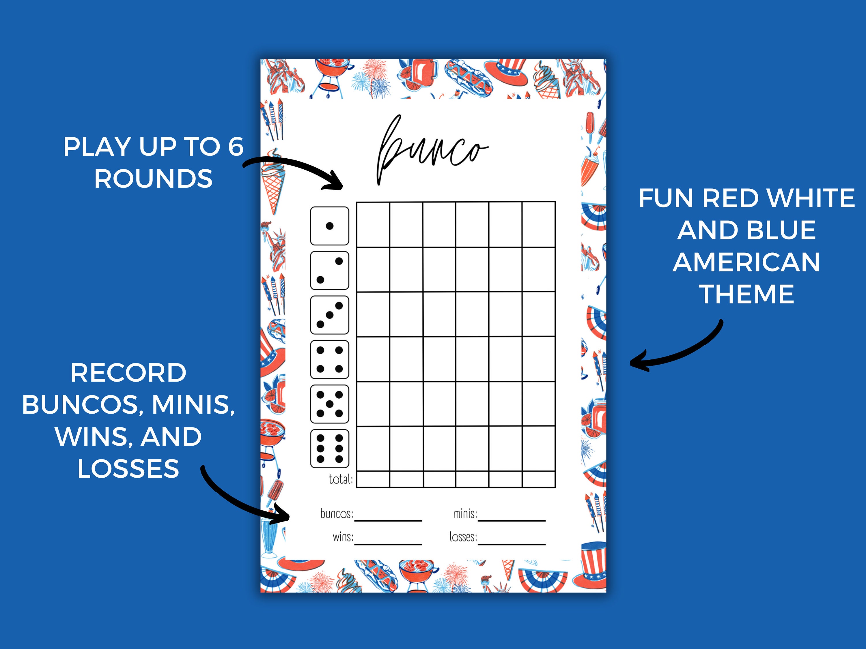 Printable Fourth of July Bunco Score Sheets | Patriotic America Bunco ...