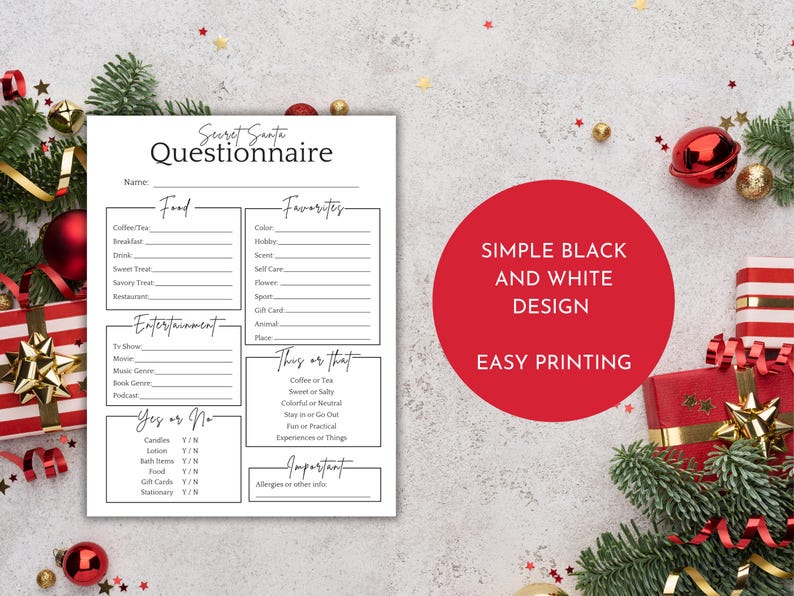 Printable Secret Santa Questionnaire | Christmas Gift Exchange Ideas ...