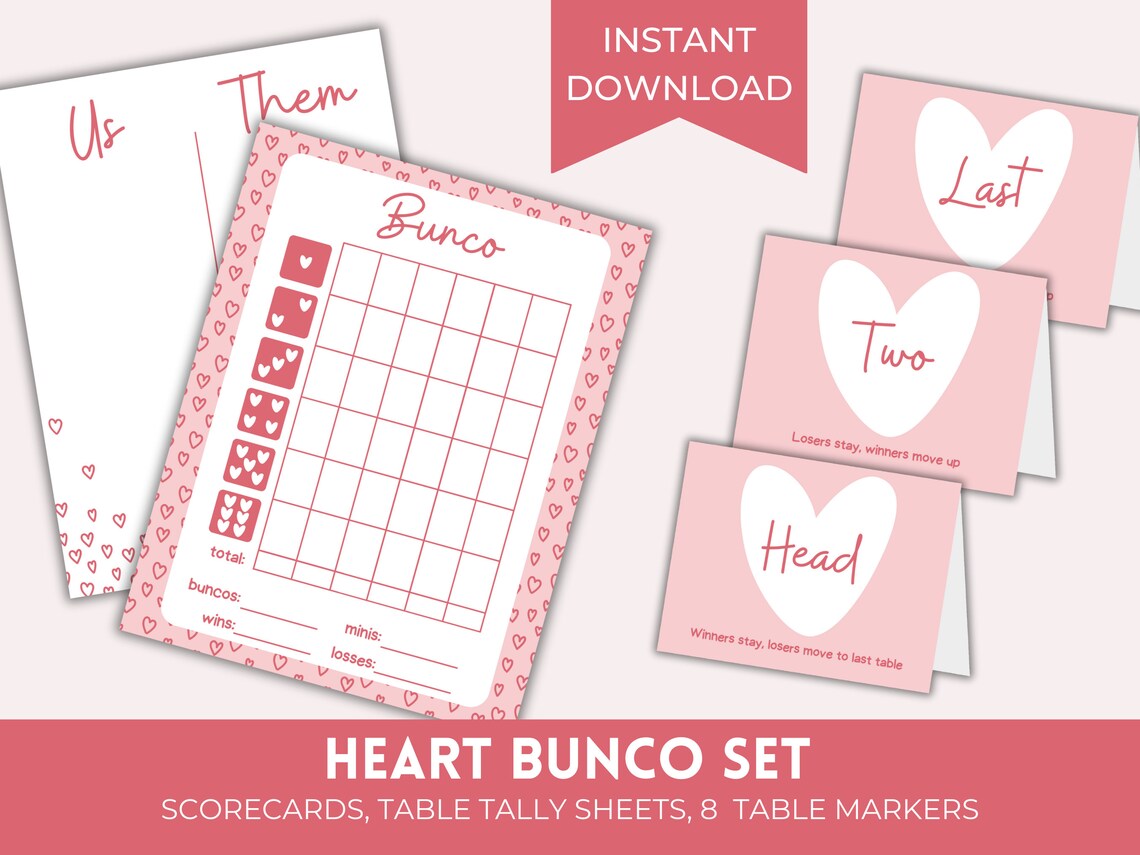 Printable Pink Heart Bunco Score Sheets | Valentine's Day February ...