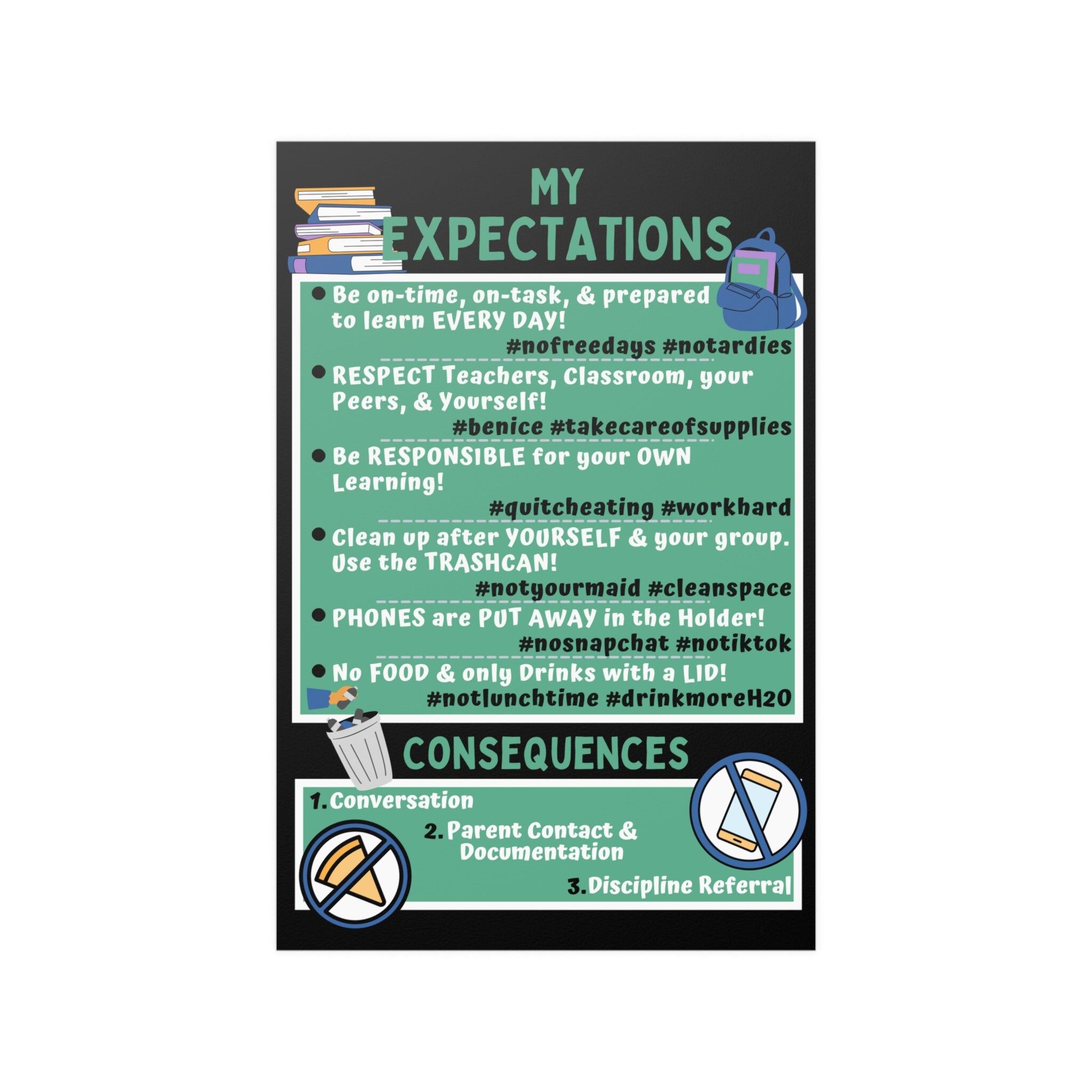 Middle/high School Classroom Expectations Satin Poster- Green Multiple ...