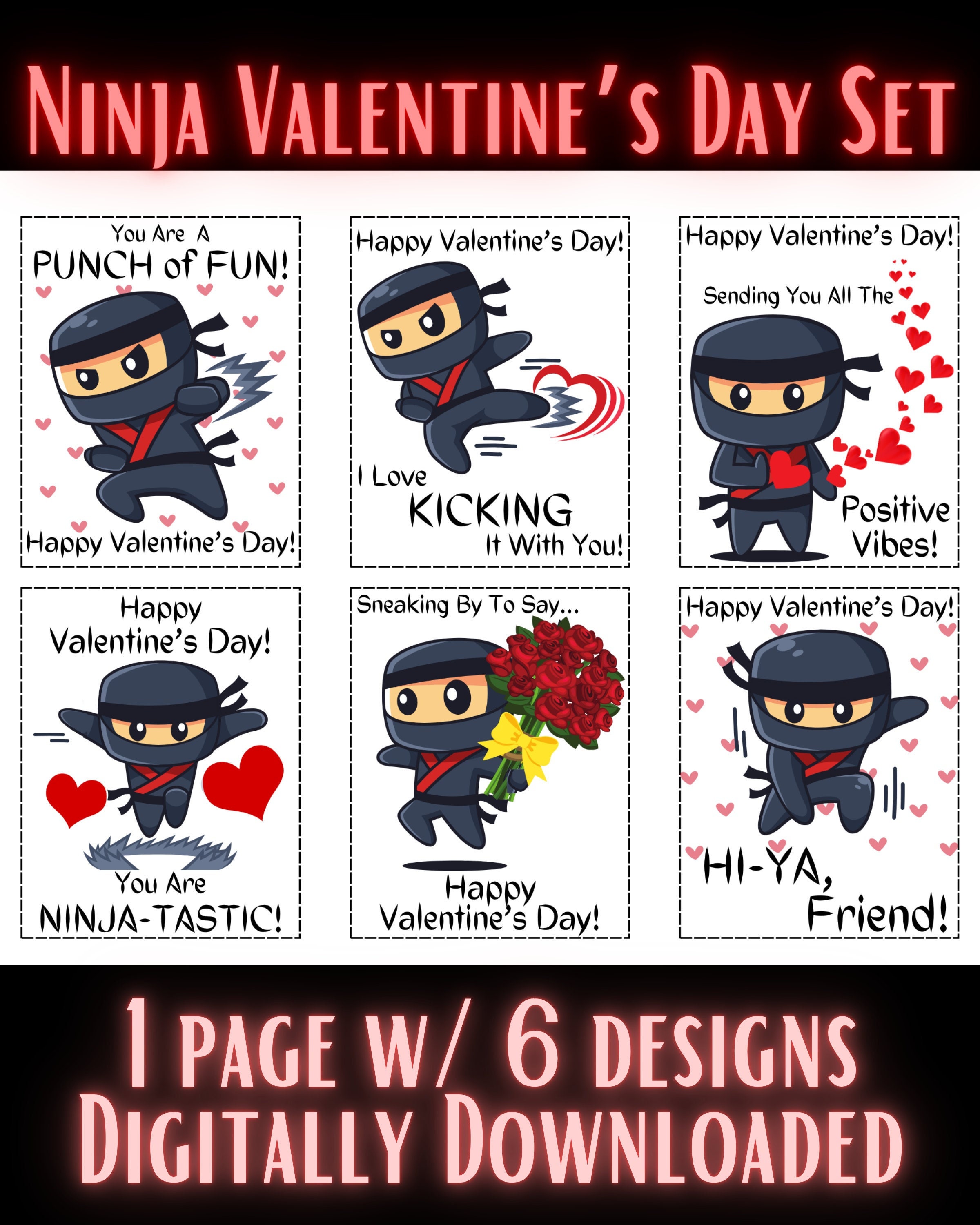 Ninja Valentine's Day Cards 6 Designs Digital Download - Etsy