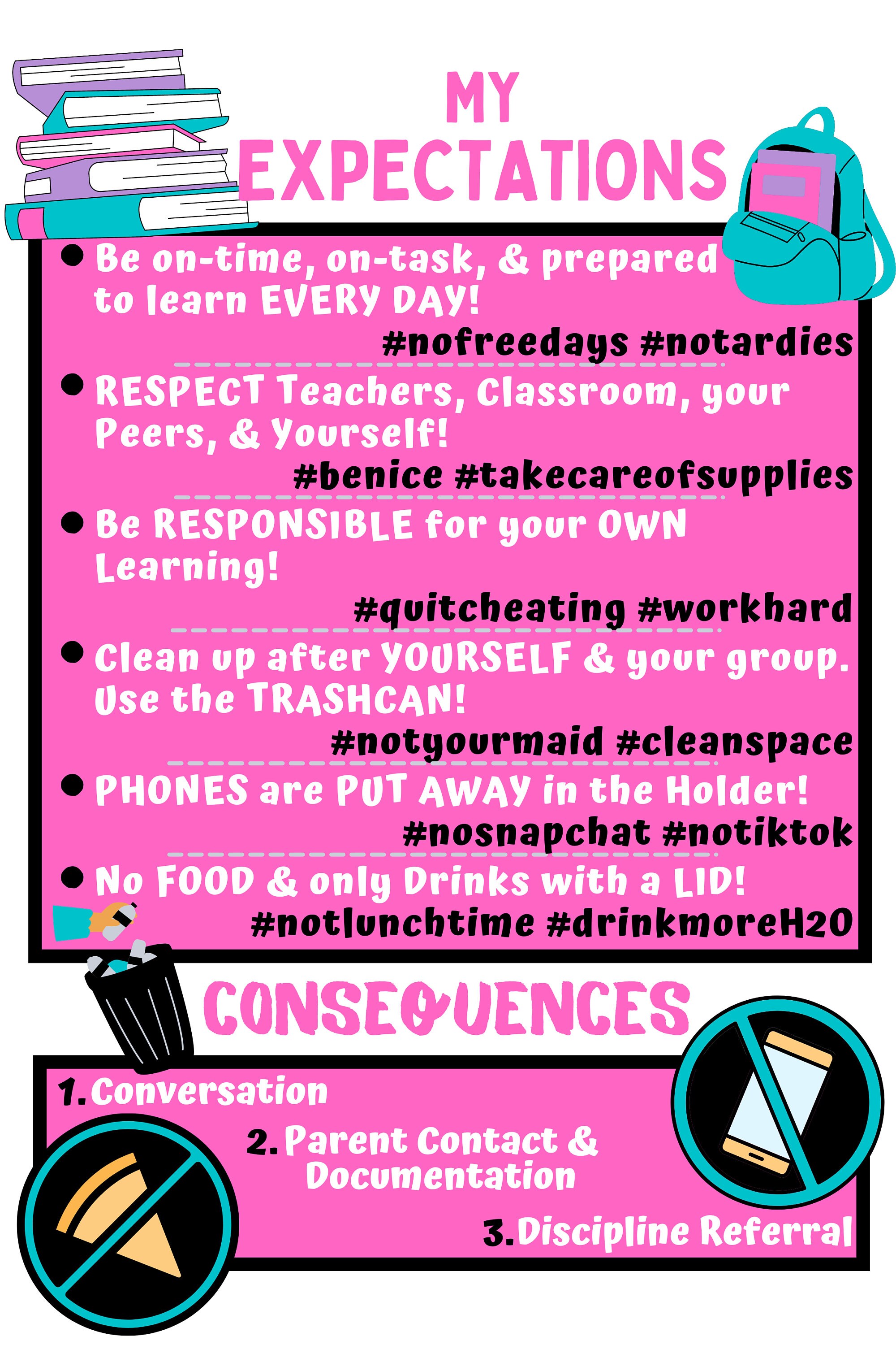 High School or Middle School Classroom Rules/expectations Poster- Pink ...