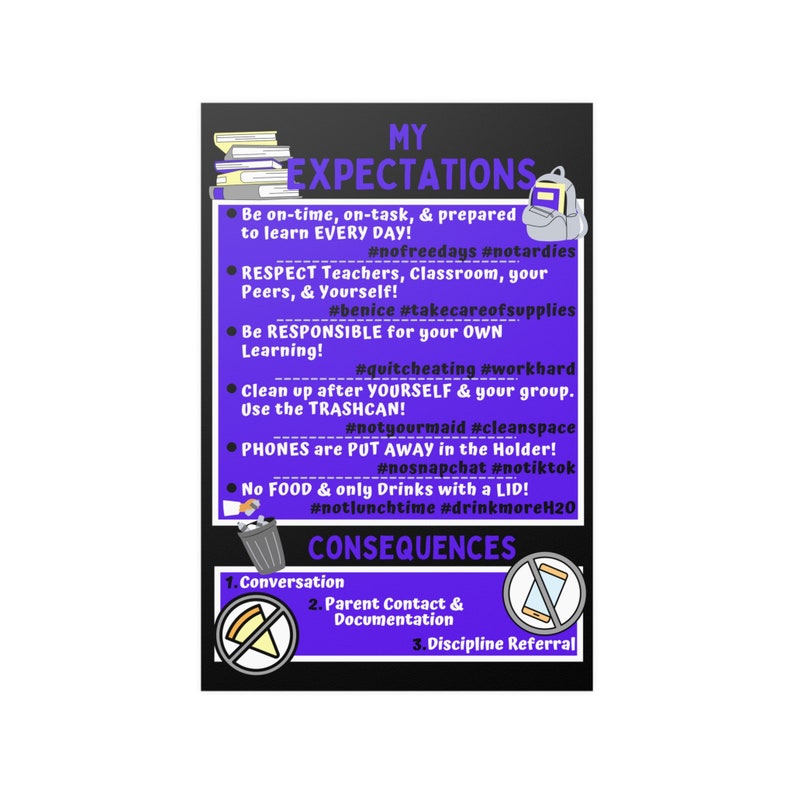 Middle/high School Classroom Expectations Satin Poster- Purple Multiple ...