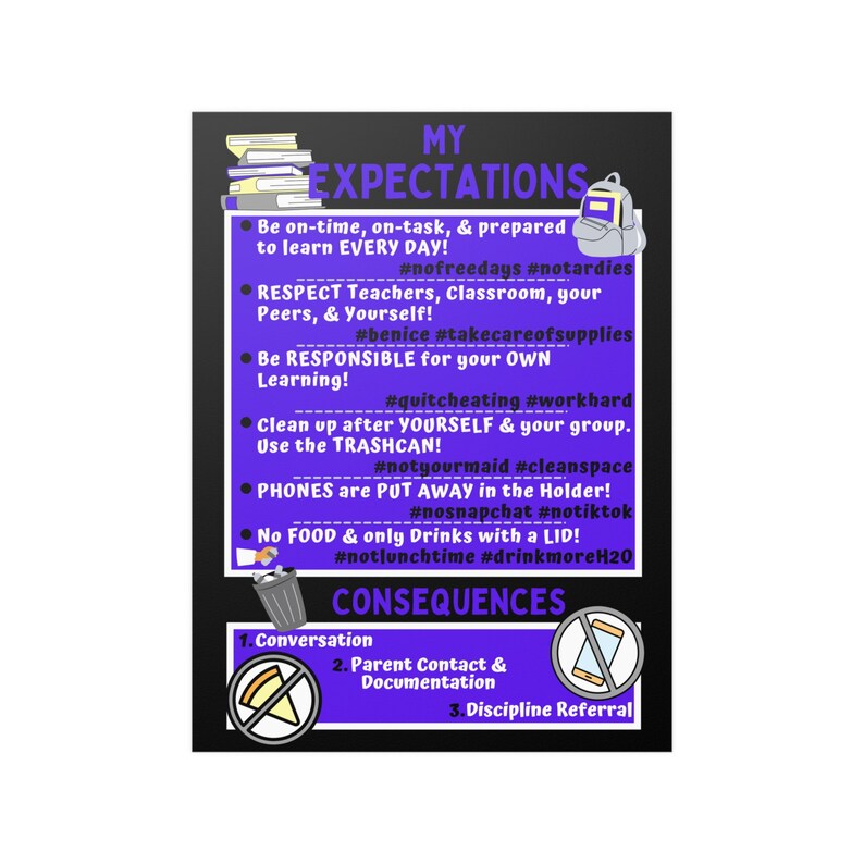 Middle/high School Classroom Expectations Satin Poster- Purple Multiple ...