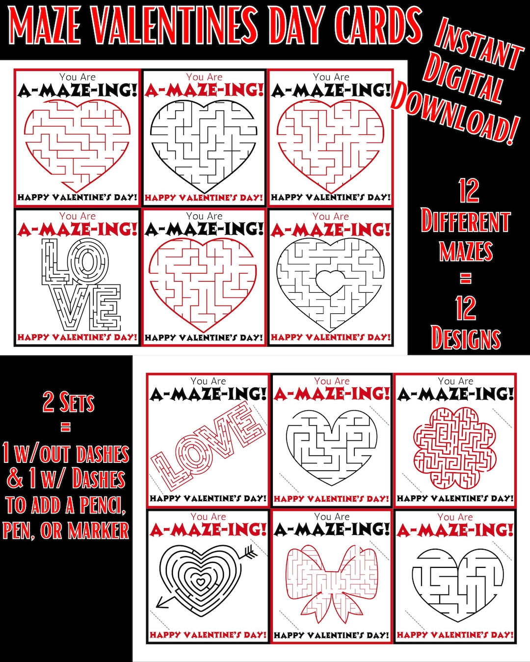 Maze Valentines Day Cards With 12 Different Mazes & 2 Sets to Allow for ...
