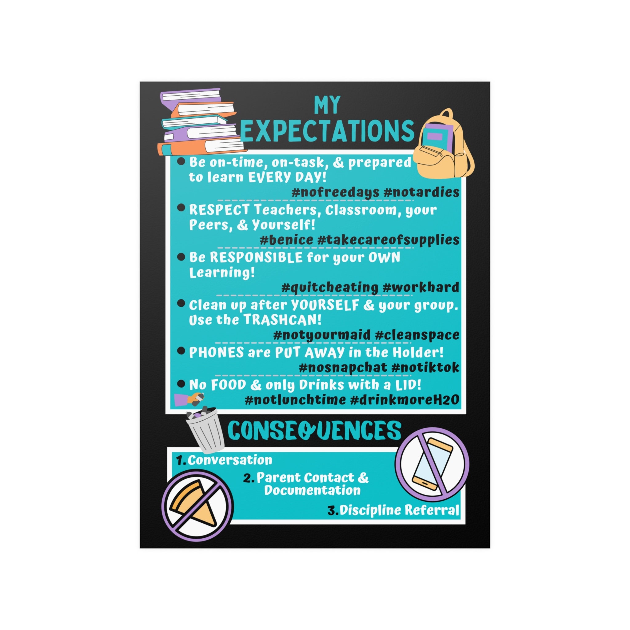 Middle/high School Classroom Expectations Satin Poster Teal - Etsy