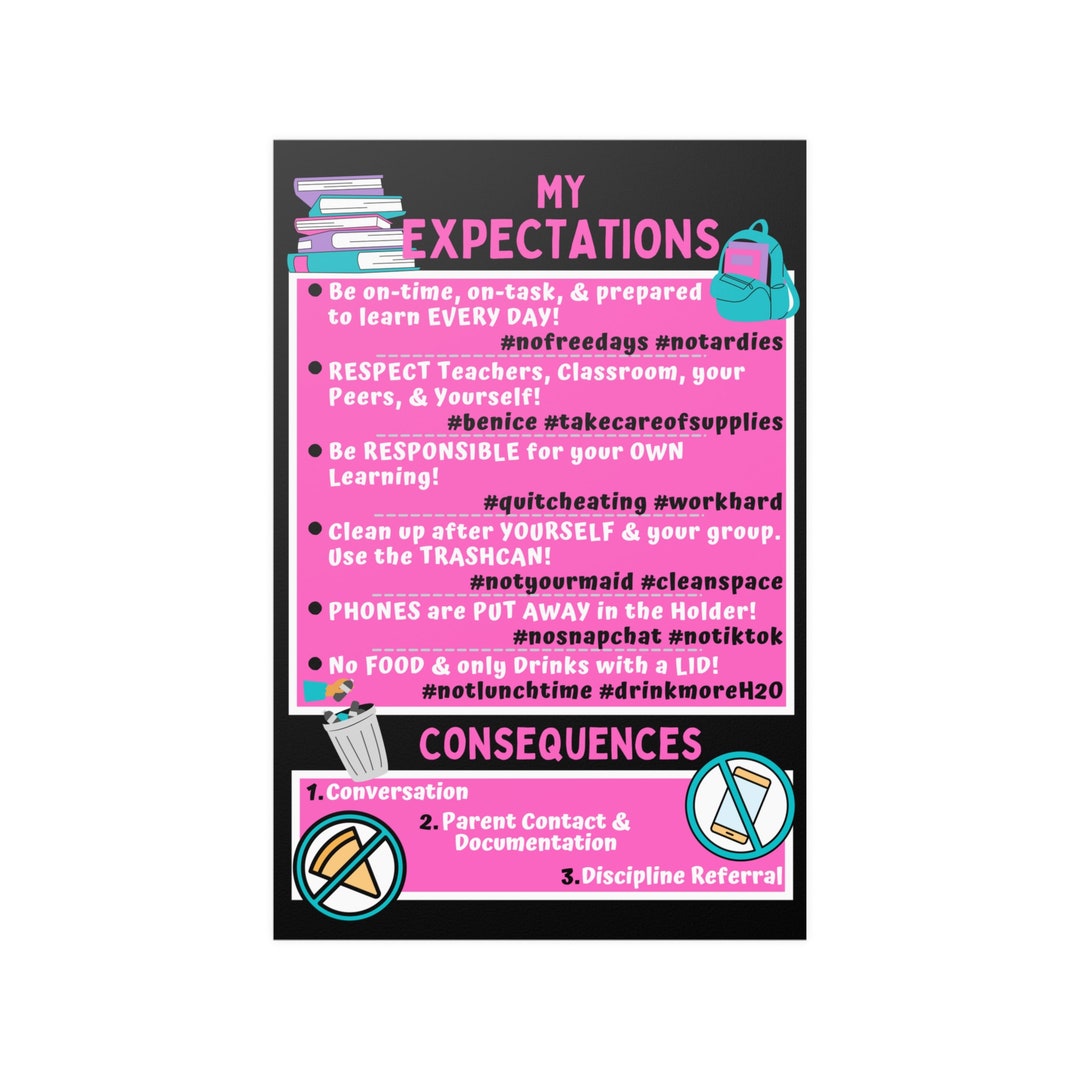 Middle/high School Classroom Expectations Satin Poster- Pink Multiple ...