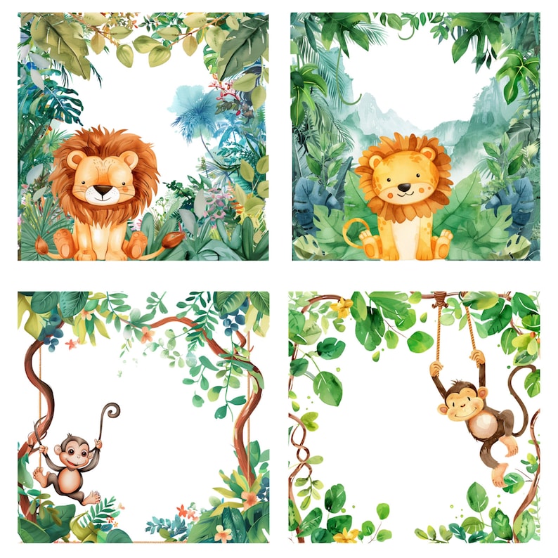 Watercolor Jungle Clipart PNG Bundle, Watercolor Jungle Printable Paper ...