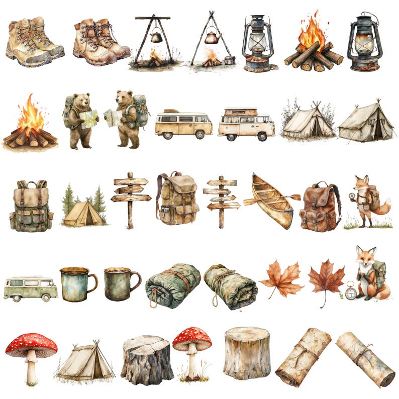 39 Camping Animals PNG Clipart Bundle, Watercolor & Cartoon Forest Bear ...