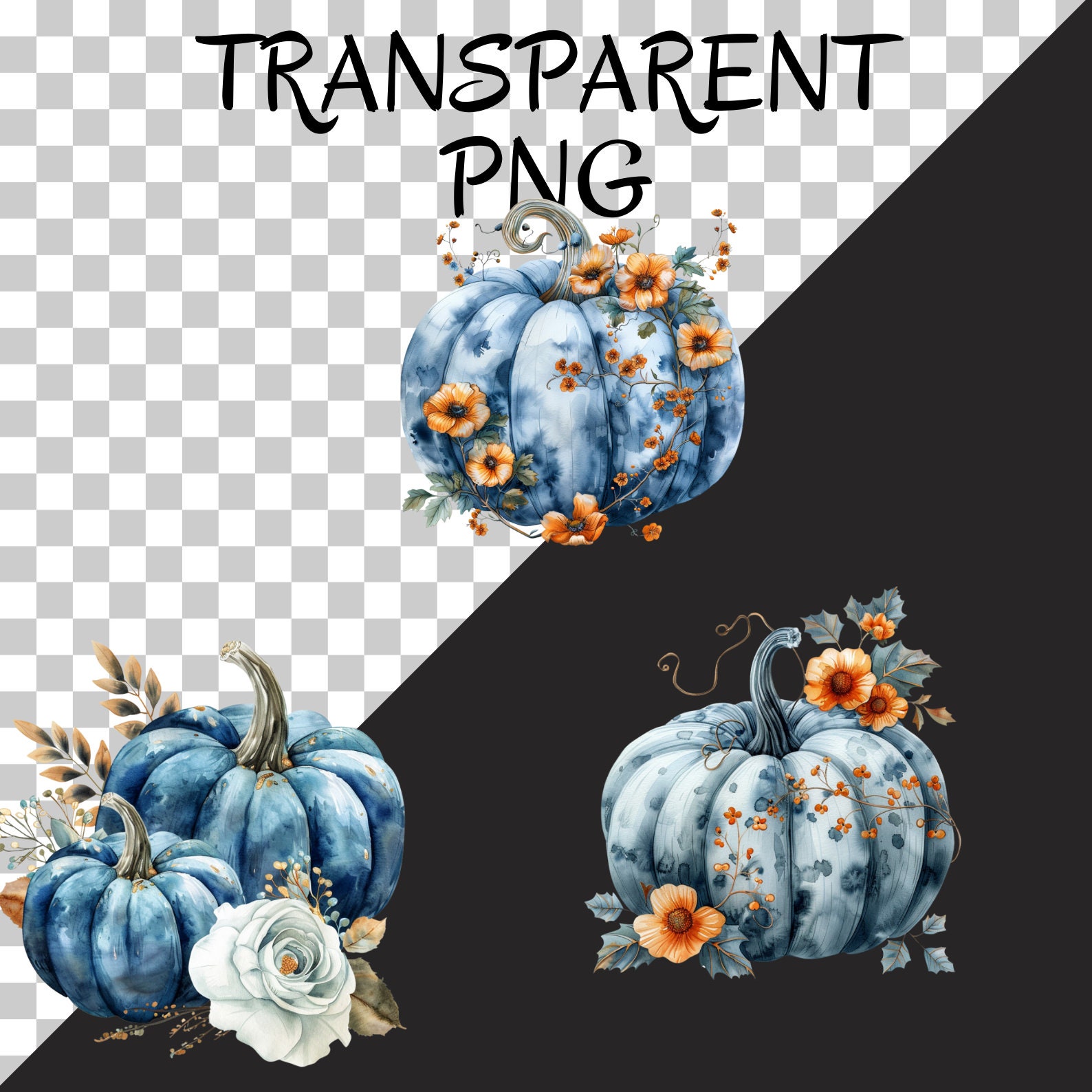 70 Watercolor Blue Fall Clipart Bundle, Floral Blue Pumpkin Png, Autumn ...