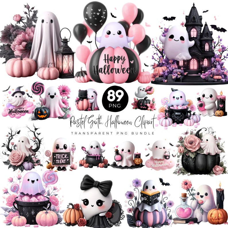 89 Pastel Goth Halloween PNG Bundle, Pink and Black Halloween Clipart ...