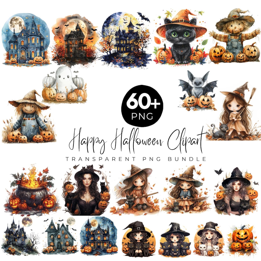 60+ Watercolor Halloween Clipart Bundle, Cute Spooky Halloween Png ...