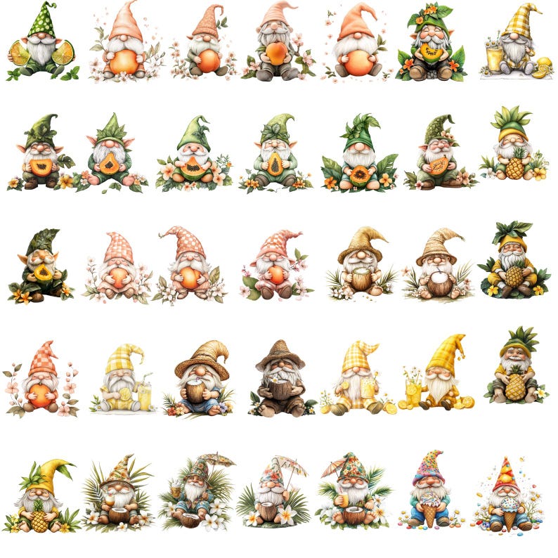 99 Summer Gnome Clipart PNG Bundle, Cute Garden Gnomes With Flowers ...