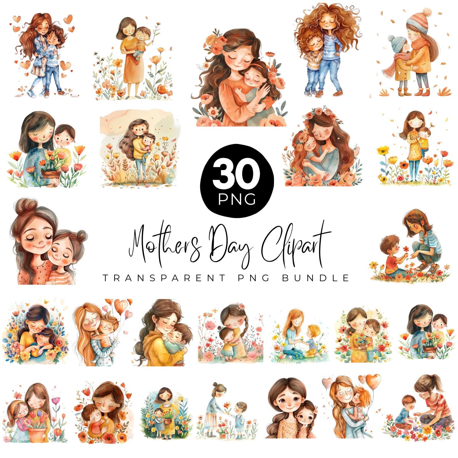 30 Mothers Watercolor Clipart Bundle, Cute Mother's Day Clipart, Mom ...