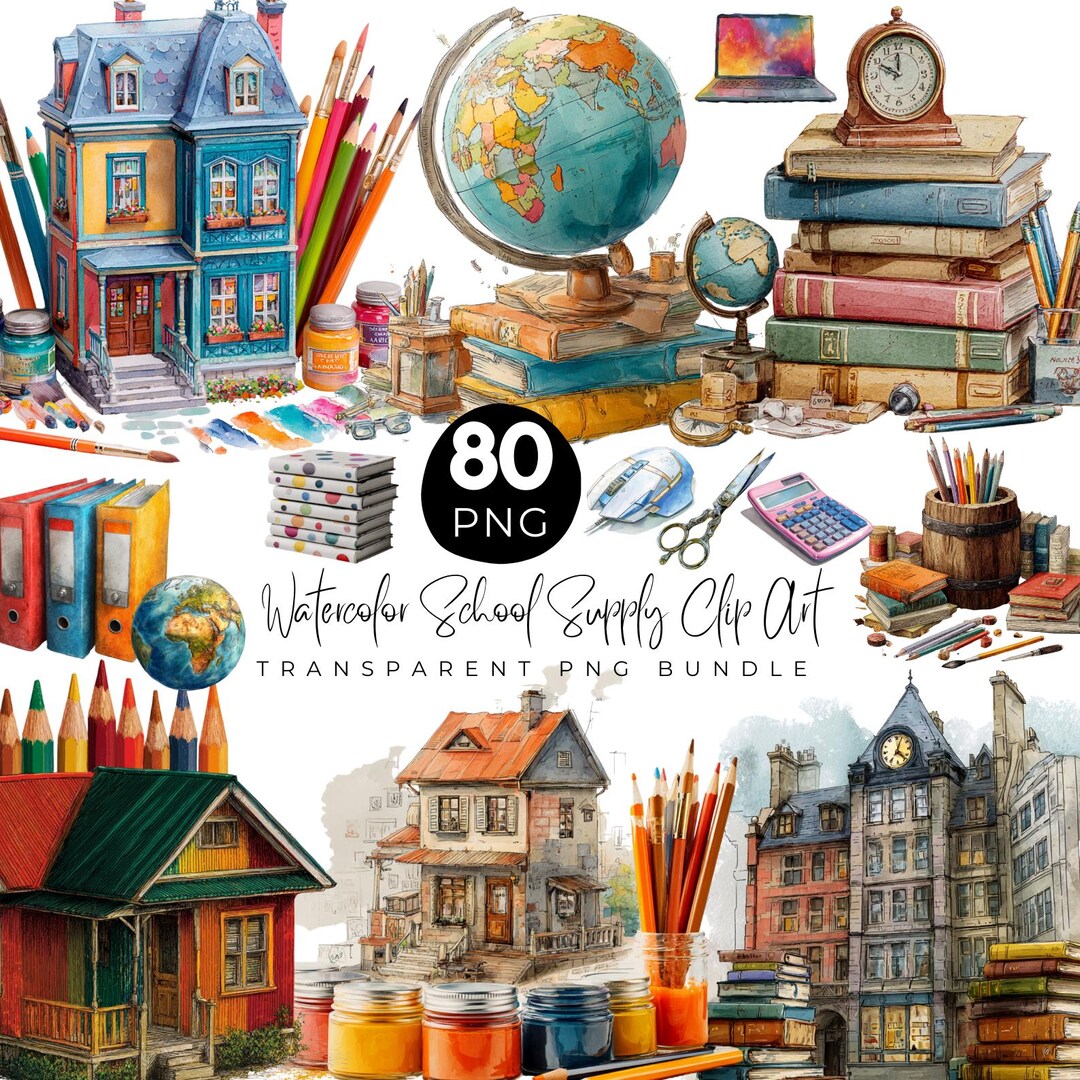 Watercolor School Supplies Bundle, Back to School Clip Art, Teacher ...